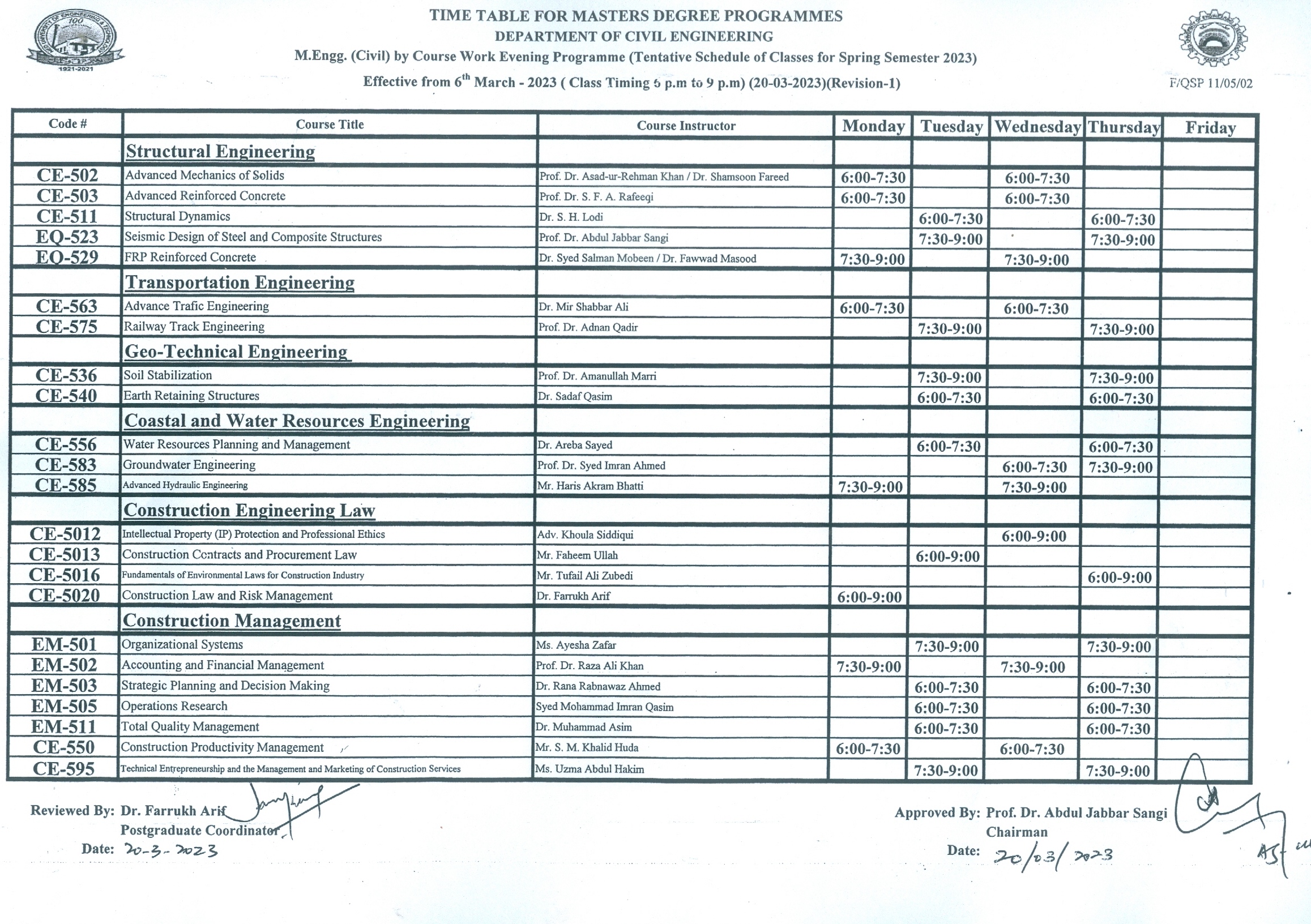 Time Table For Masters Degree Course Work Evening Program | Department of Civil Engineering ...